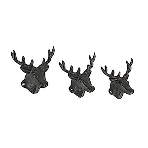 Zeckos Set of 3 Rustic Brown Cast Iron Deer Head Decorative Wall Hooks Lodge Décor 4.25 Inches Long