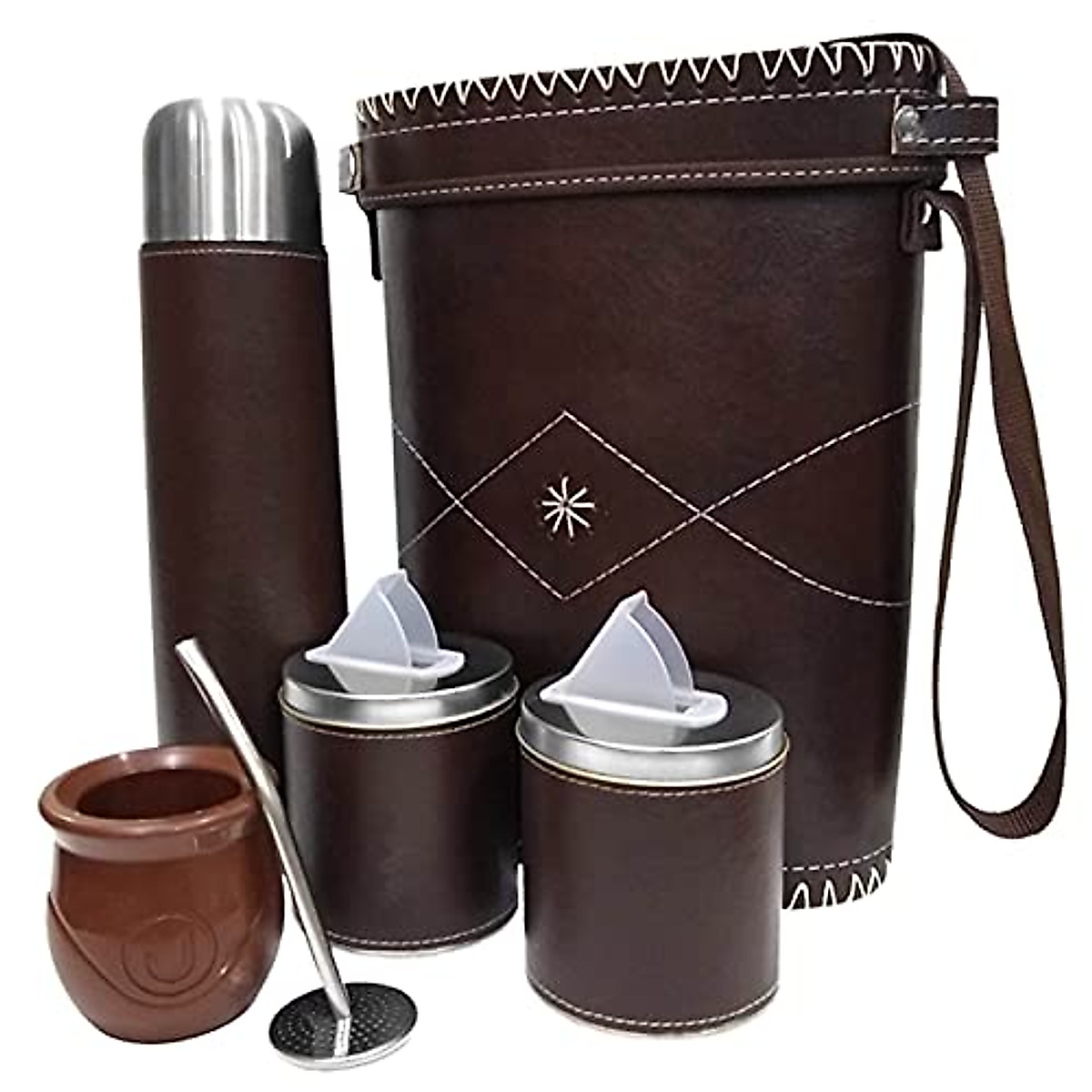 Mates Eco Leather Complete Set to Drink Yerba Mate Kit All Accesories Included: Containers Gourd (Cup) Bombilla (Straw) Thermos Bag, Brown, 34 X 23 X 12