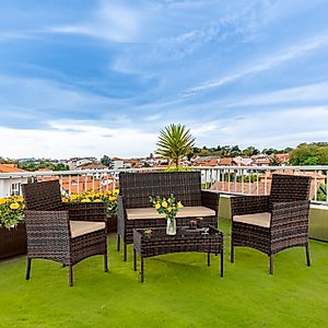 VINGLI 4 Pieces Outdoor Patio Furniture Set Wicker Patio Conversation Set with Coffee Table, Rattan Chair Patio Wicker Sofa Set for Yard,Pool or Backyard (Brown)