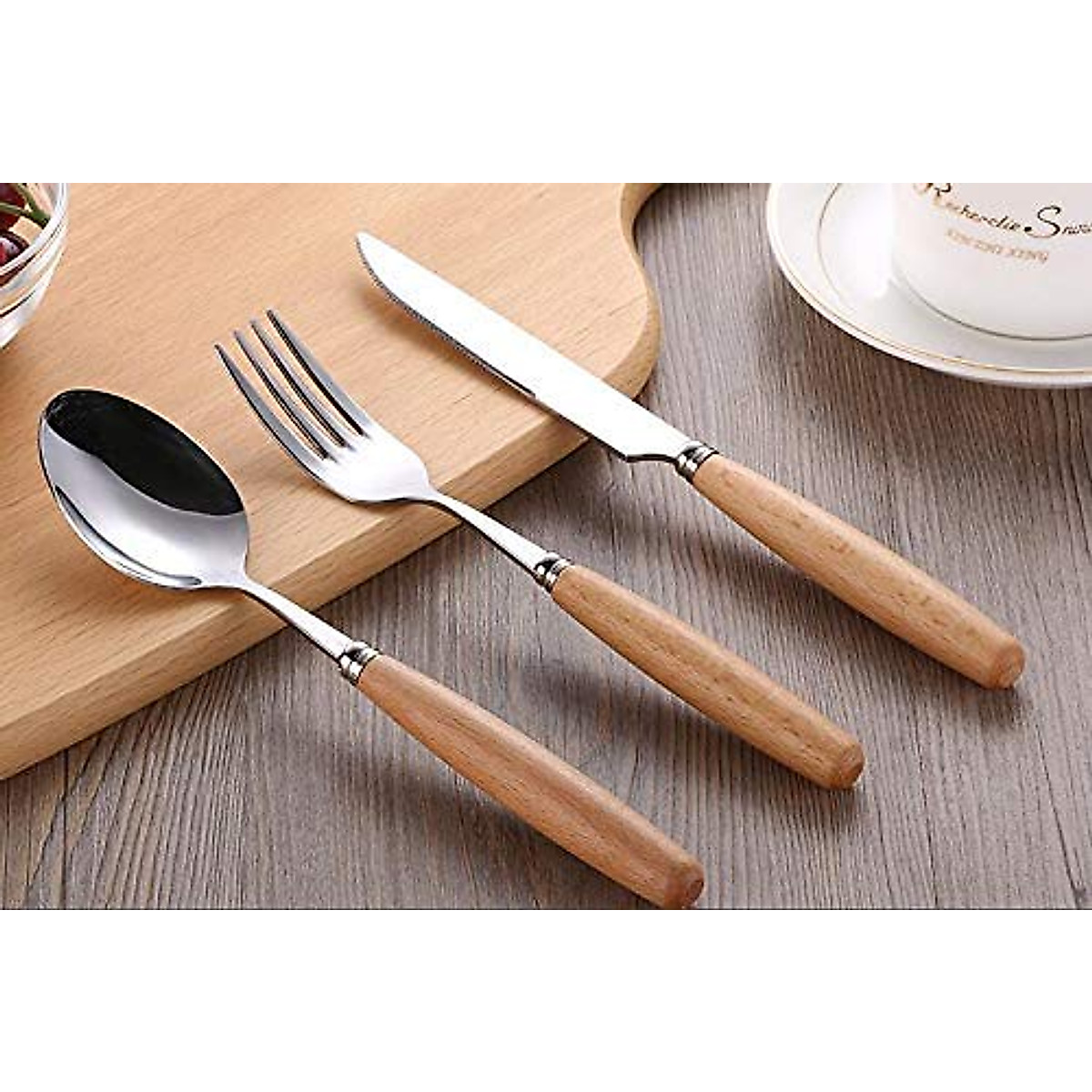 MBB 12 Pieces Stainless Steel Cutlery Set Short Wood Handle Flatware Set Knife Fork Spoon Service for 4