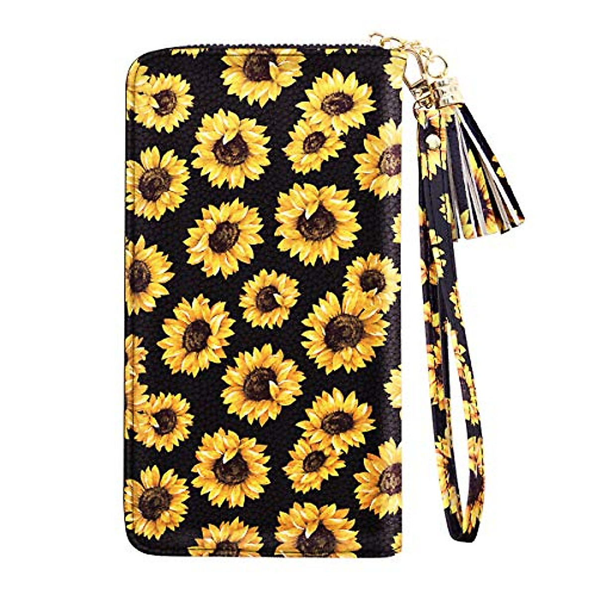 Women Wallets Multi Card Case Wallet Clutch Wallet Card Holder Organizer Ladies Purse Floral Tassel Wrist strap Purse,Sunflower