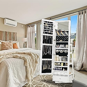 MASMIRE 360° Swivel Full Length Mirror Jewelry Cabinet Standing With Built-In Mirror - 63.7”H Jewelry Armoire With Mirror & 3 Drawers, Lockable Storage Mirror With 3 Storage Racks (Off-White)