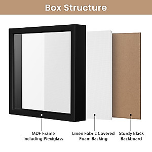 Califortree 8x8 Shadow Box Frame with Soft Linen Back - Push Pins Included, Memory Box Display Case for Flower, Tickets and 3D Items, Black