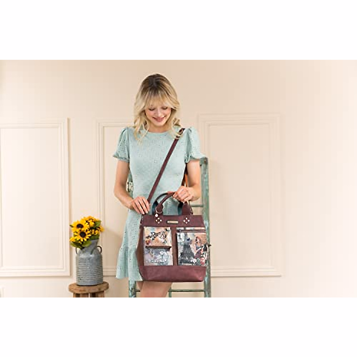 Nicole Lee Paris Fashion Week Large Shoulder Tote Bag, Butterfly Flower Embellishments, Multiple Pockets, Optional Crossbody Strap