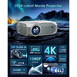 YOWHICK Projector with 5G WiFi Bluetooth, Native 1080P 10000 Lumen HD Outdoor Video Projector Support 4K, Home Theater Movie Projector Compatible with HDMI, VGA, USB, Laptop, iOS Android Phone, White