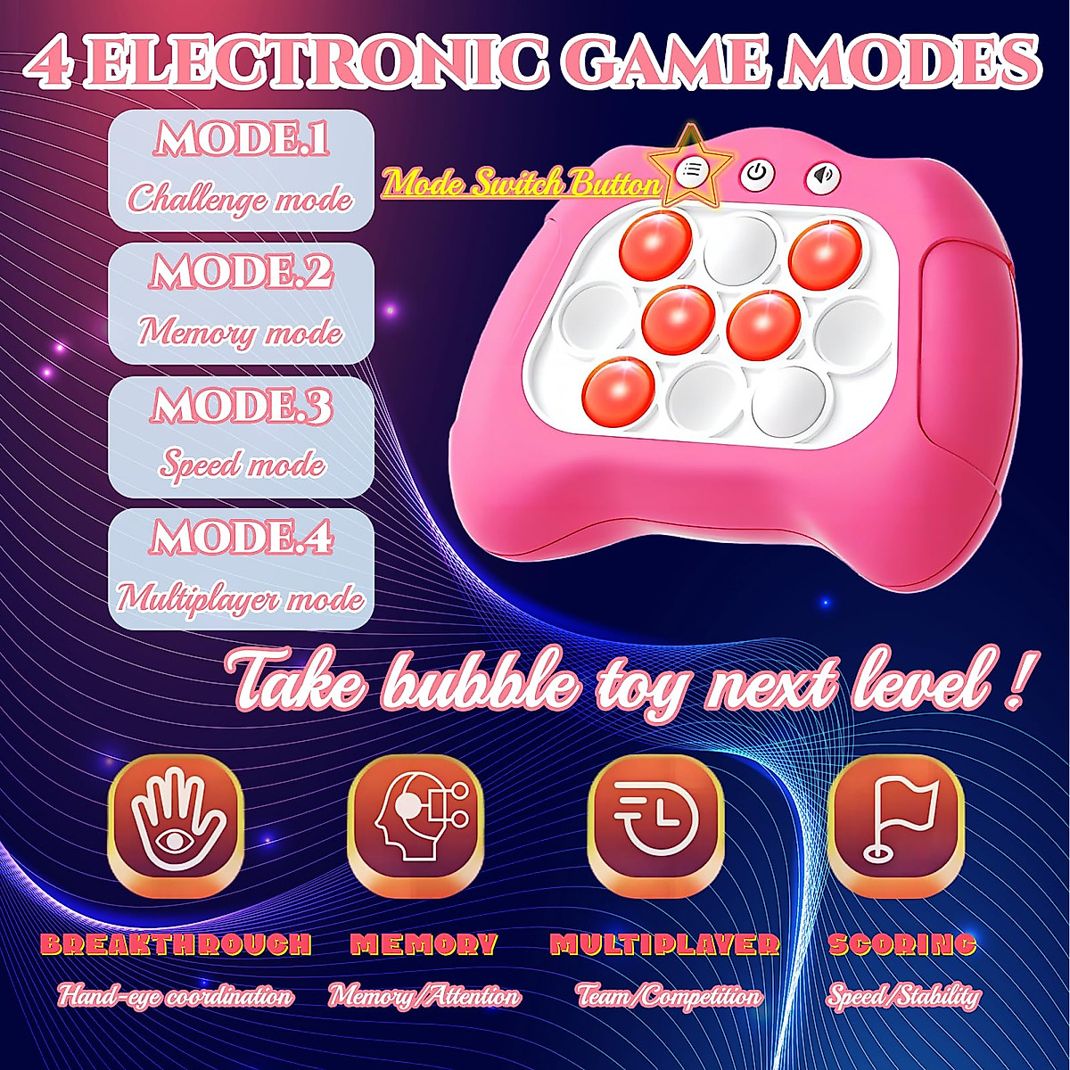 2 Pc New Speed Push Handheld Game Machine-Fidget Console,Quick Push Light Up Pop Game for Adults and Kids,Music Whack A Mole Stress Relief Fidget Toys,Squeeze Poppet Sensory Push Pop Bubble Toy (PB)