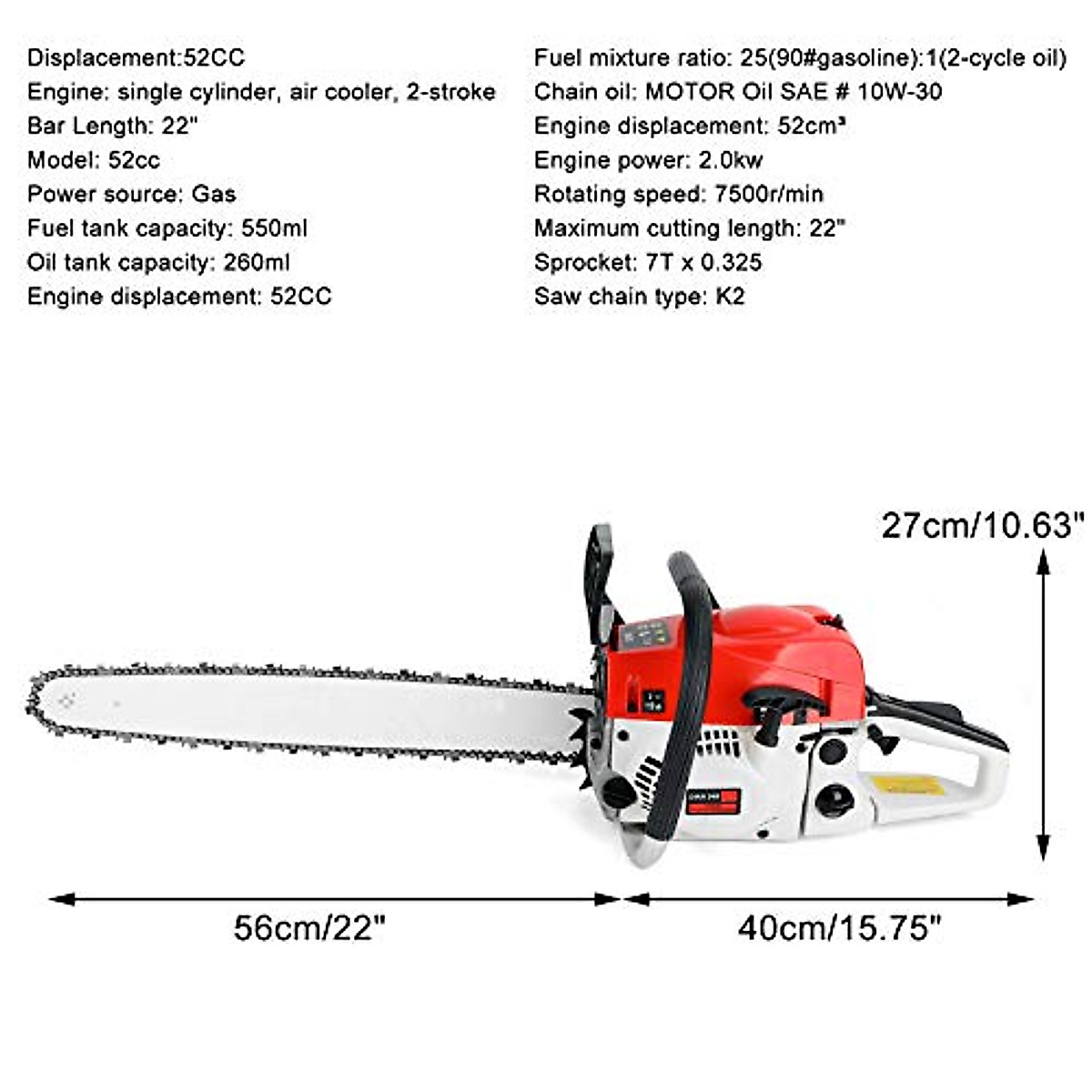 Frezon Petrol Chainsaw 22 Inch, Chainsaws Gas Powered 52CC 2 Cycle Gasoline Chain Saw for Trees Wood Garden Ranch Forest Cutting