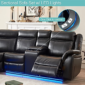 Comfort Stretch Sectional Recliner Sofa Set with LED Lights Power Reclining Couch Faux Leather Consoles Storage Boxes/USB Port/Cup Holders Living Room Furniture Home Theater Seating, Black