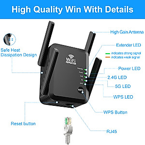 WiFi Extender Signal Booster Long Range Coverage to 8000sq.ft and 45+ Devices, WiFi 2.4&5GHz Dual Band WPS WiFi Signal Strong Penetrability, 360°Coverage Supports Ethernet Port