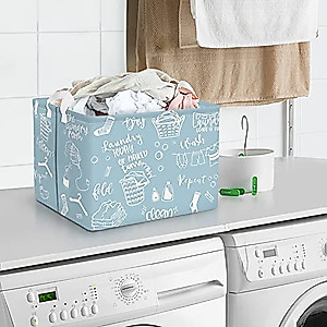 Clastyle Rectangular Blue Laundry Theme Storage Bins Waterproof Simple Fun Words Hanger Iron Laundry Basket Detergent Bubble Storage Basket for Toys Clothes Bedroom, 15.7x11.8x11.8 in