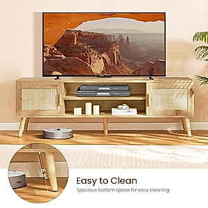 Iwell Boho Rattan TV Stand for 70 inch TV, Large TV Console, Entertainment Center with Adjustable Shelf and 2 Cabinets, Mid Century Modern TV Stands for Living Room, Bedroom, Natural