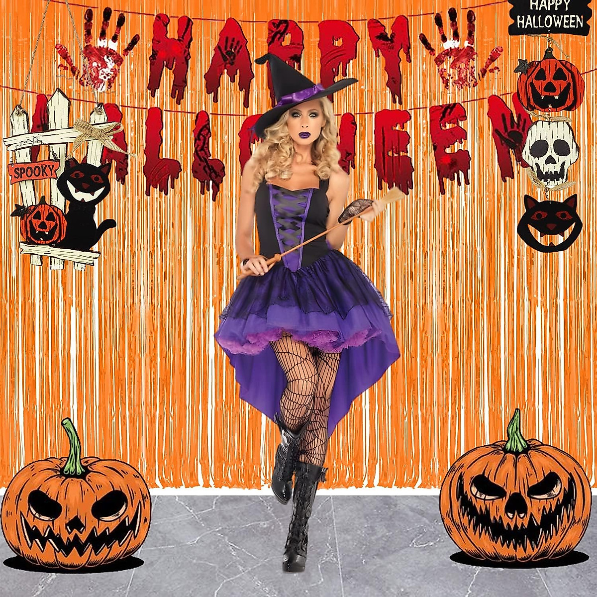 Foil Fringe Curtains Halloweens Party Decorations - Orange Tinsel Photo Backdrop Metallic Streamers for Birthdays, Fall, Pumpkin Theme, Thanksgiving, Basketball Party Decorations