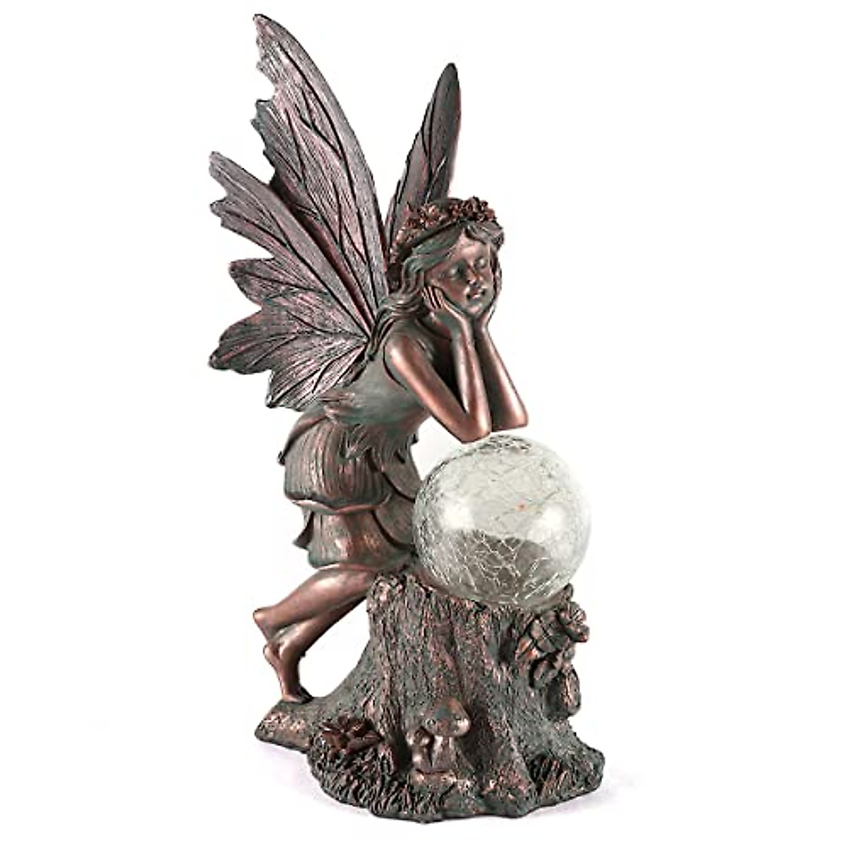 MIBUNG 13.2 Inch Large Fairy Angel Garden Statue Sculpture with Glass Ball Solar Lights, Bronze Fairy Elf Girl Outdoor Figurine Patio Yard Lawn Outside Decor, Housewarming Birthday Ornament Gift