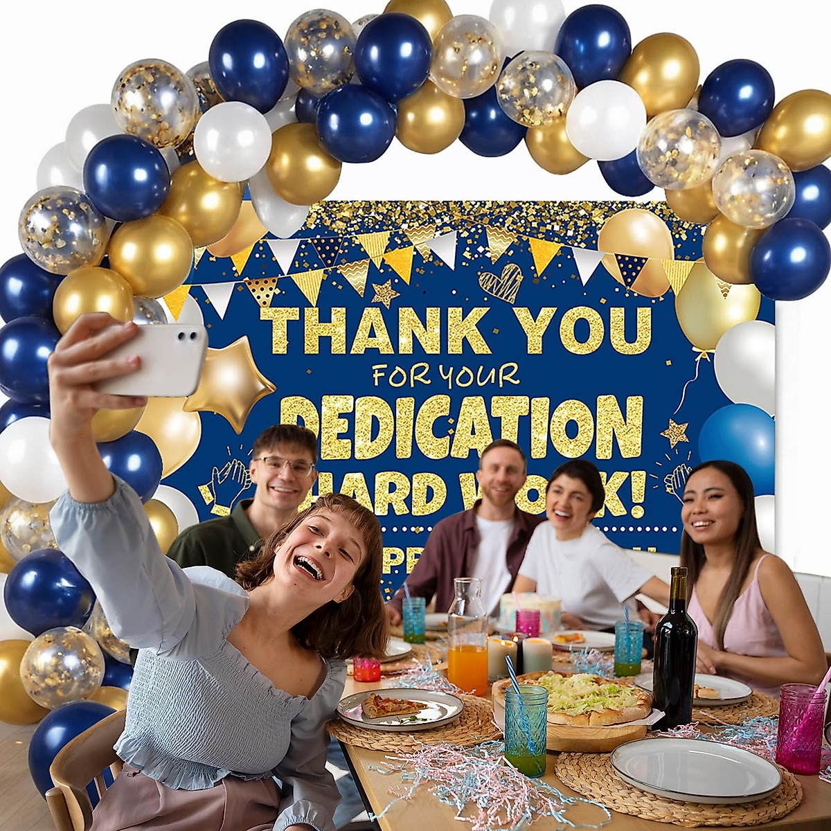 We Appreciate You Decorations Blue Gold We Appreciate You Banner with Balloons Arch Kit Thank You Backdrop for Teacher Employee Staff Doctors Nurse Poaster Volunteer Appreciation Week Party Decor