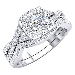 Dazzlingrock Collection 1.80 ctw Round Cubic Zirconia Halo Crisscross Shank Ring Set (5mm Center Stone) in 10K White Gold, Size 6.5