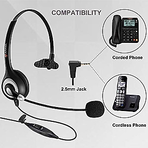 Phone Headset 2.5mm with Noise Canceling Mic & Mute Switch Telephone Headset for Panasonic AT&T Vtech Uniden Cisco Grandstream Cordless Phones