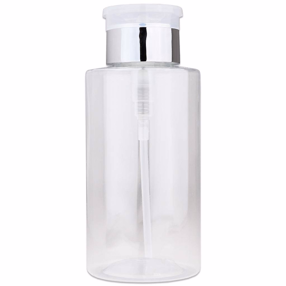 Pana 10oz. Push Down Clear Plastic Liquid Dispenser Bottle for Alcohol, Toner, Cleanser & Makeup Remover (No Wording, Clear W/Silver Chrome)