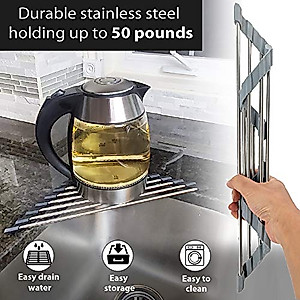 Roll Up Sponge Holder for Counter, Sink Organizer for Kitchen, Bathroom, Laundry Room, 304-Stainless Steel Sink Organizer for Sponge, Brush, Scrubber, Soap Dispenser Holder, Dish Drying Rack (Gray)