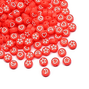 NHBT YU Red Mixed Acrylic Spacer Beads Round Flat Heart Moon Flower Star Beads for Jewelry Making Handmade DIY Bracelet Accessories T87 (Color : Red, Item Diameter : 300Pcs)