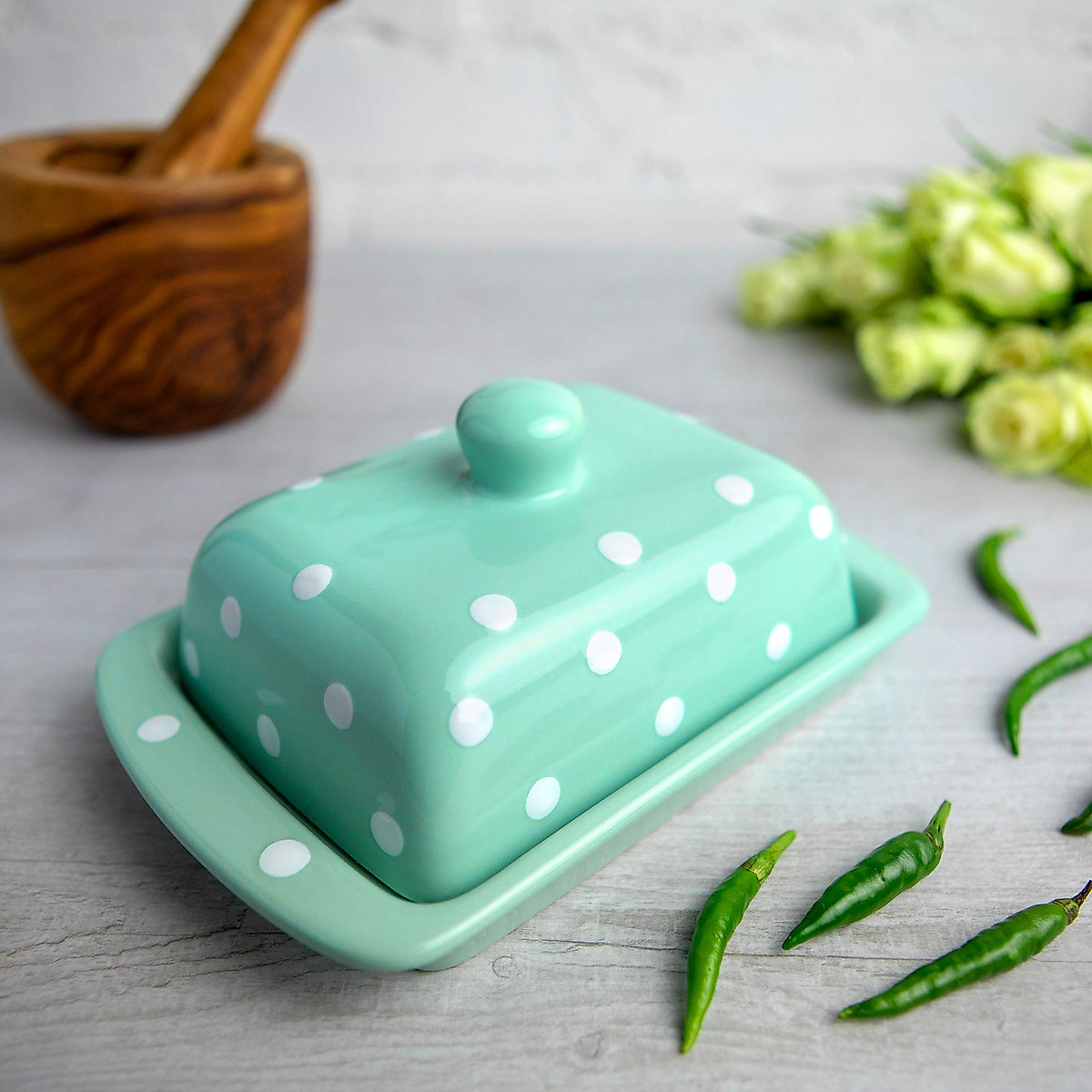 Handmade Ceramic European Covered Butter Dish With Lid | Unique Teal and White Polka Dot Pottery Butter Keeper | Housewarming Gift by City to Cottage®