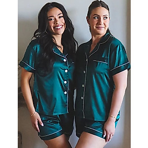 Senert Silk Satin Pajamas Set Women Two-Piece Nightwear Short Sleeve Sleepwear Soft Button Down Loungewear Pjs Set Green,XX-Large