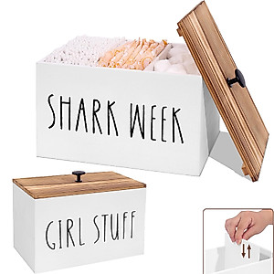 Tampon Holder for Bathroom, Farmhouse Pad Orgainzier Container, Rustic Wood Bathroom Storage Bin with Lid, Movable Partition Feminine Product Organizer, Tampon Storage Container (White &Wood Lid)