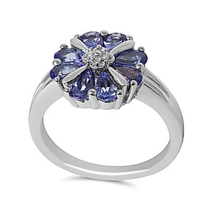 KOKAV 925 Sterling Silver Pear Shape Tanzanite Diamond Accent Flower Ring, Size 8