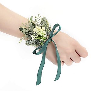 YSUCAU Wrist Corsage Bracelets with Ribbon Wristband Green Bridal Bridesmaid Wrist Corsage Hand Flower for Wedding Porm Party Decor Set of 2