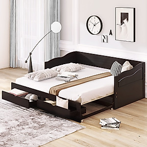 RUNWON Twin to King Size Wooden Daybed with Put-Out Trundle Bed and Storage Drawers,Versatile and Expandable Bed Frame for Kids Adults