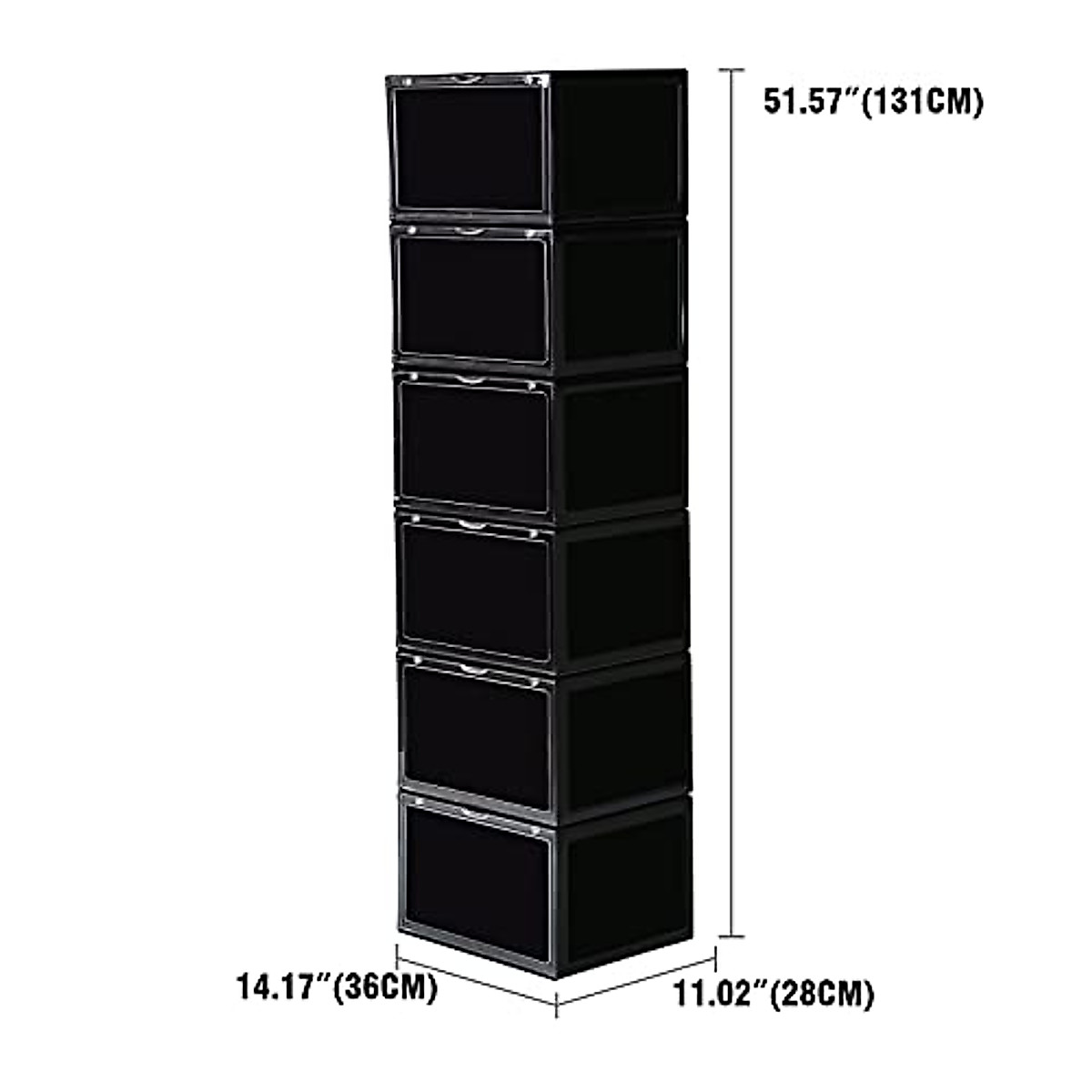 Yunge Drop Front Shoe Box,Set of 6, Stackable Plastic Shoe Box with Clear Door,Shoe Organizer for Display Sneaker, Easy Assembly,Fit up to US Size 14(11.02"x 13.97" x 8.66") Black