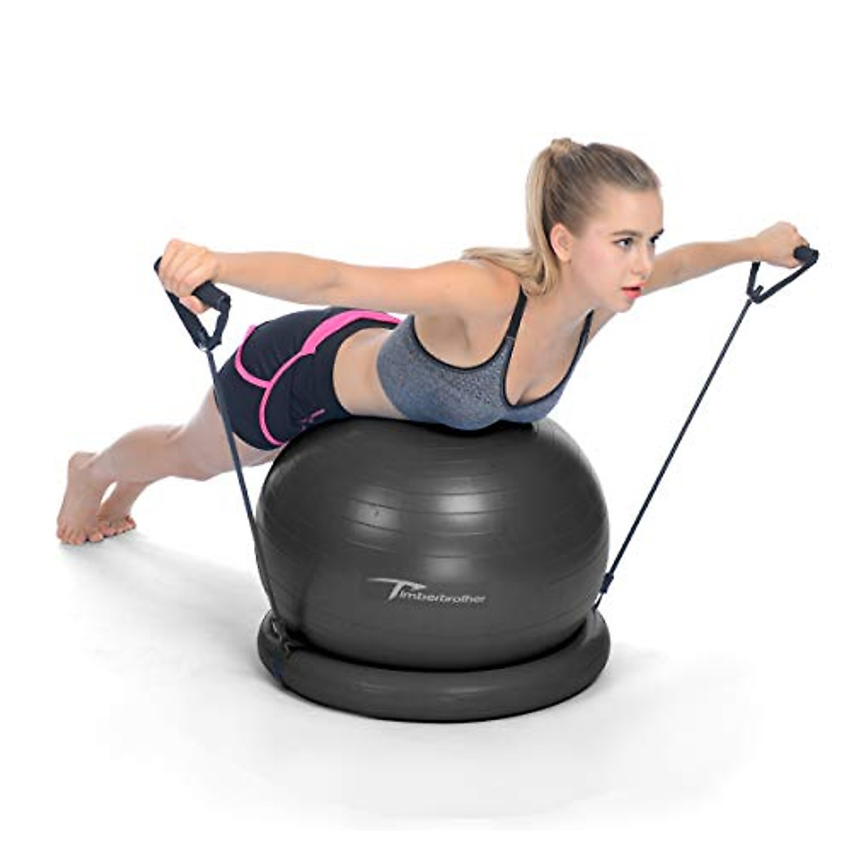 Timberbrother Exercise Ball Chair with Resistance Bands Workout Poster 16.5”x 22.4”,Stability Ball Base for Gym and Home Exercise(Black with Ring & Bands)