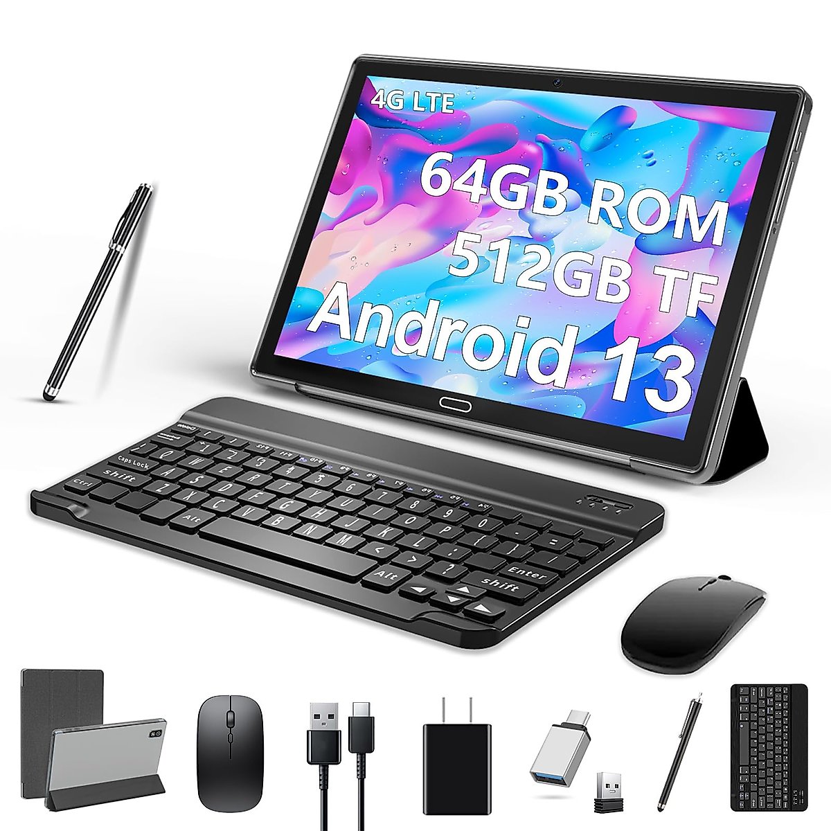 2024 Newest 10 Inch Tablet,3 in 1 Tablet with Keyboard Mouse pen, Android 13 Tablet 4G Cellular with 2 SIM 1 SD-64GB ROM TF Max 512GB,Octa-Core,1080 FHD,13MP,GMS-Zertifizierung,GPS/ WIFI/ BT(Grey)