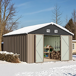 TREEVAN Outdoor Storage Sheds 10x10 FT, Outdoor Metal Shed with Vents and Lockable Door for Patio Storage, Brown
