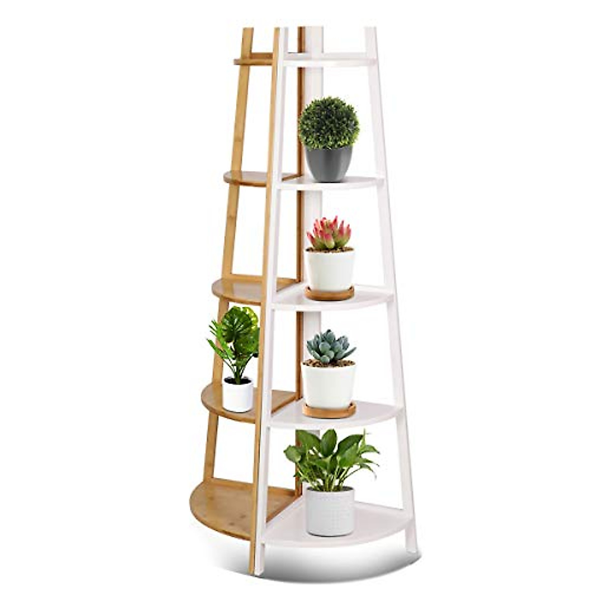 Magshion 5 Tier Bamboo Corner Storage Display Rack Shelves Kitchen Bath Plant Stand (White)