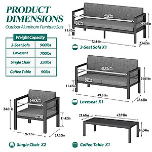 GARTOO Outdoor Aluminum Furniture Set - 5 Pieces Modern Patio Conversation Sofa Sets with Upgraded Removable Cushion, Outside Sectional Sofas Sets with Coffee Table for Balcony, Backyard, Poolside