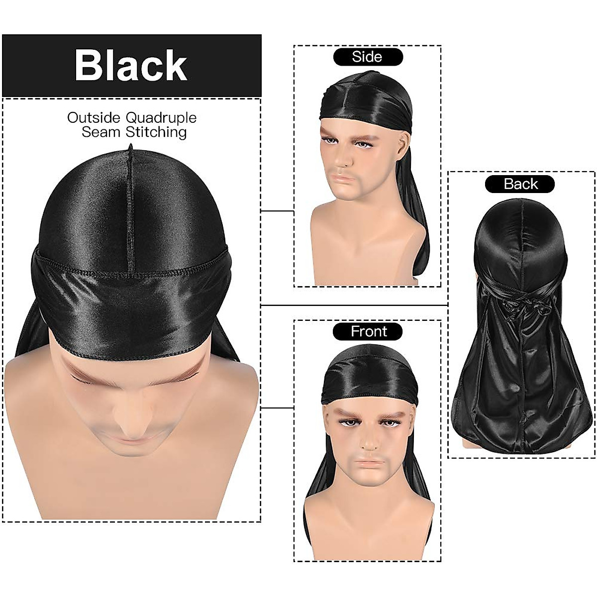 3PCS Silky Durags Pack for Men Waves, Satin Doo Rag, Award 1 Wave Cap,G
