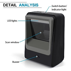 Handsfree 2D 1D Barcode Scanner,Alacrity QR Omnidirectional Desktop Bar Code Reader Scanner, Capture Barcodes from Mobile Phone Screen, Black