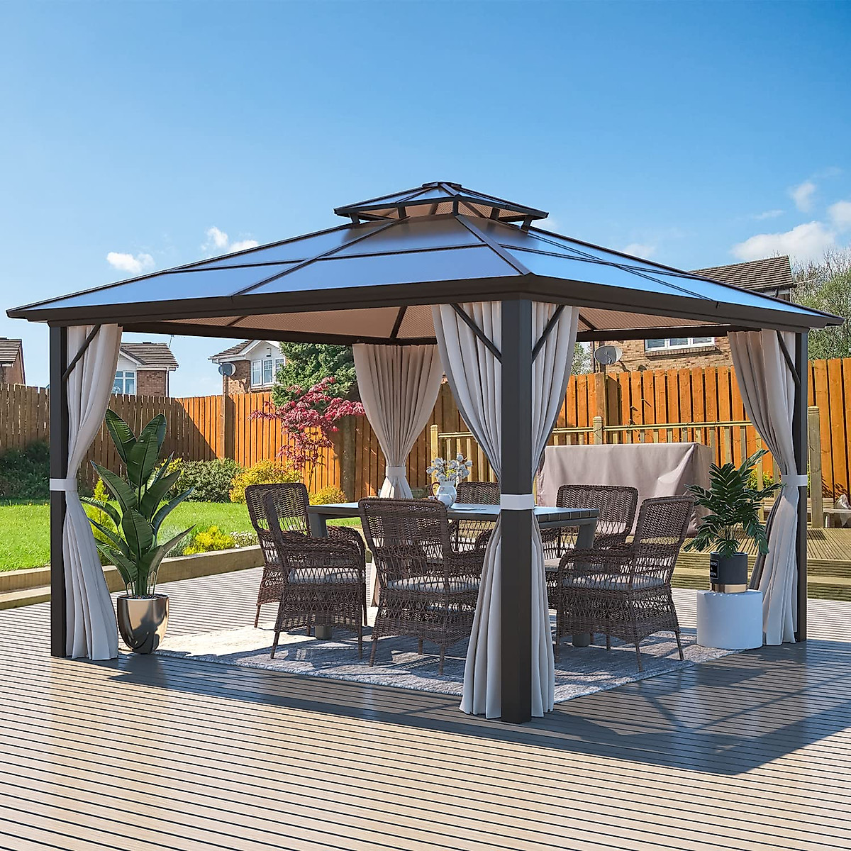 MELLCOM 12'x12' Hardtop Gazebo with Polycarbonate Double Roof, Aluminum Frame Outdoor Gazebo Permanent Pavilion with Curtains and Netting for Patio, Lawn & Garden
