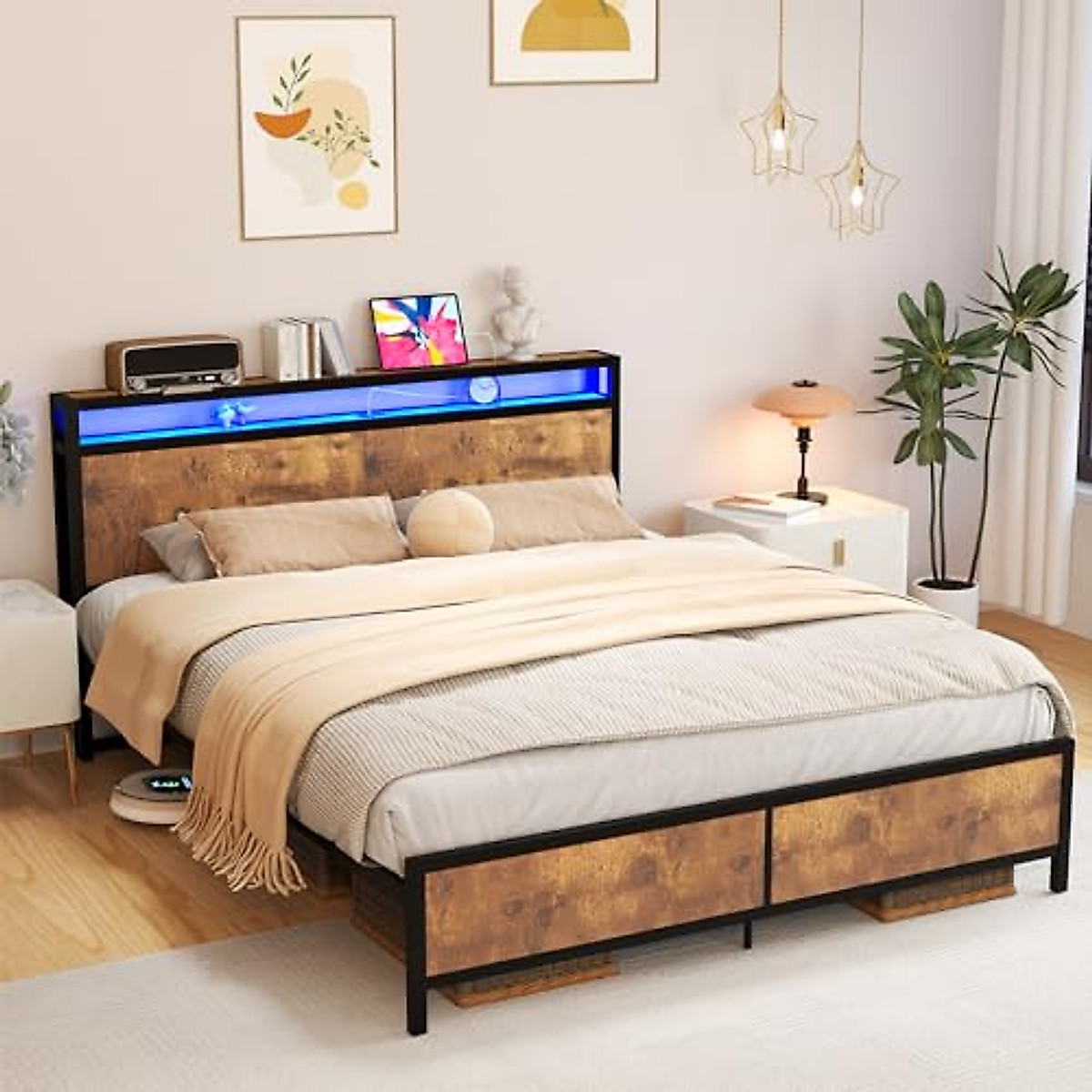 Kiivakii Full Bed Frame with Headboard Storage, LED Platform Bed with USB Ports for Bedroom Farmhouse, Heavy Duty, Wooden Board Decoration, Noise Free No Box Spring Needed, Rustic Brown
