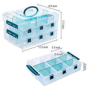 MyGift 11 Inch Clear Arts and Crafts Stackable Container, Sewing Supplies Storage Organizer Case with Blue Accents, 24 Customizable Compartments, and 6 Drawers with Removable Dividers