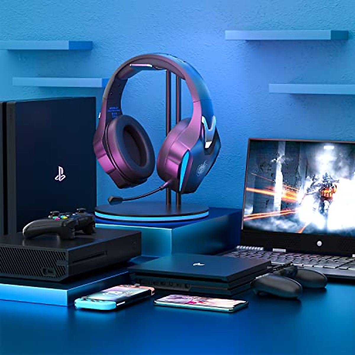 PHOINIKAS 2.4G Wireless Gaming Headset for PS4 PS5 PC Nintendo Switch, Wireless Over Ear Gamer Headphones with Detachable Mic, 3.5mm Wired Gaming Headset for Xbox One/Phone, 7.1 Stereo Sound - Blue