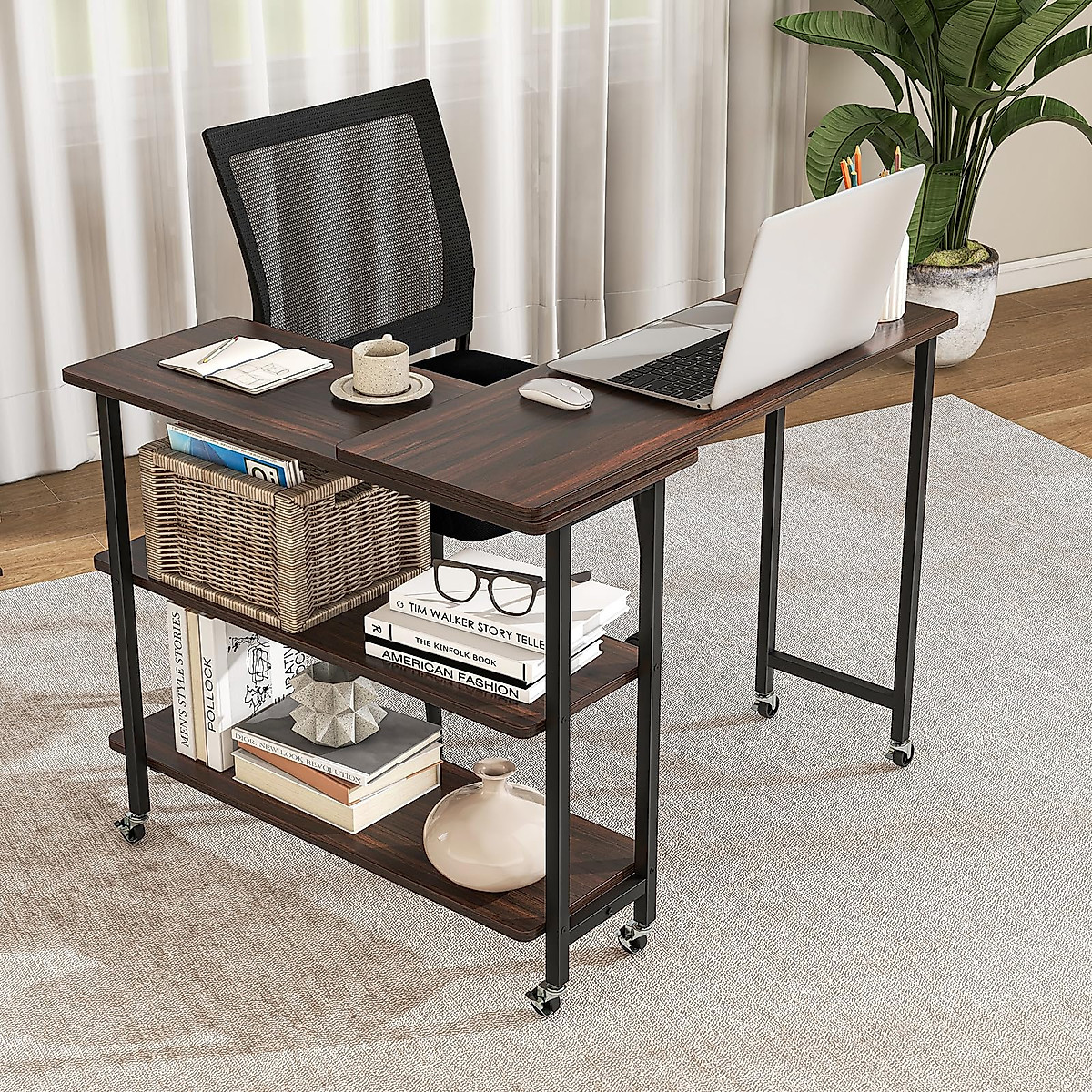 Giantex 360° Free Rotating Sofa Side Table, Mobile L-Shaped Laptop Desk with Sturdy Metal Frame, 6 Universal Casters, Movable Couch Snack Table with 2-Tier Storage Shelf for Home (Walnut)