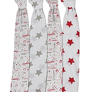 Bacati - 4 Pack Sports Baby Swaddle Blankets Boys Swaddle Wrap Soft Breathable Cotton Muslin Swaddle Blankets Receiving Blanket for Boys, Large 45 x 45 inches (Baseball Red/Grey)