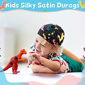 4 Pcs Baby Satin Durags Kids Satin Durags Dinosaur Outer Space Car Animals Headwraps with Long Tail for Baby Toddler Boy Girl (Dinosaur Style)