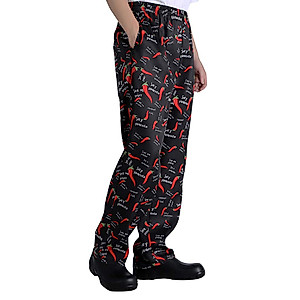 Men’s and Women's Baggy Printed Chef Pants Kitchen Uniforms with Elastic Waist Pants New Chili L