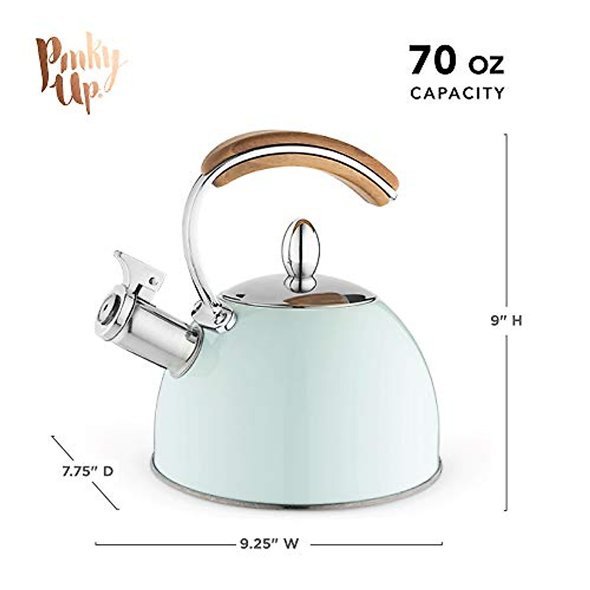 Pinky Up Presley Tea Kettle, Stovetop Stainless Steel Kettle, Whistling, Tea Accessory gifts, Fast Boil Water Kettle, Wooden Handle, 70 oz, Pistachio