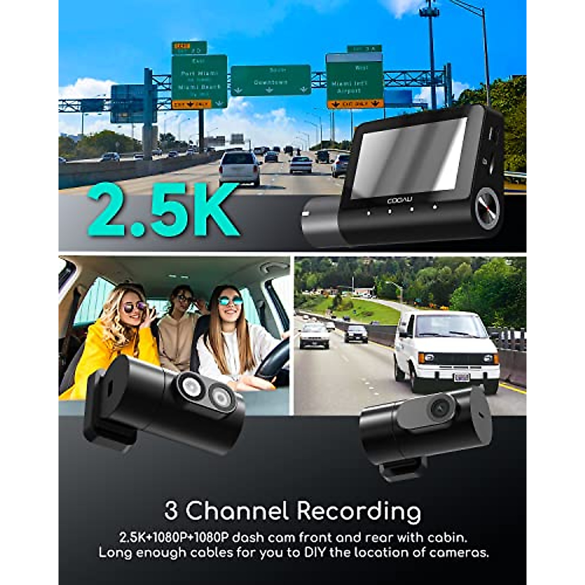 COOAU 2.5K Dash Cam Front and Rear Inside, 2.5K+1080P+1080P 3-Channel Dash Cam, Build-in GPS Wi-Fi, Dash Camera for Cars with Super IR Night Vision, 24-HR Parking Mode, Supports 512 GB Max (D50)