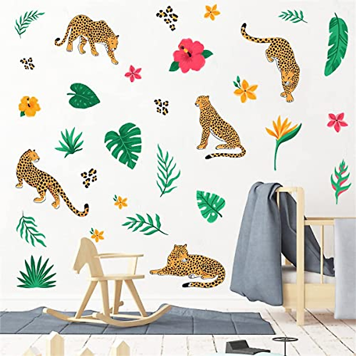 WOYINIS Leopard Cheetah Jaguar Wall Decal Stickers DIY Palm Leaves Plants Flowers Wall Decals Removable Peel & Stick Tropical Wall Decals for Living Room Bedroom Playroom Classroom Nursery Wall Decor