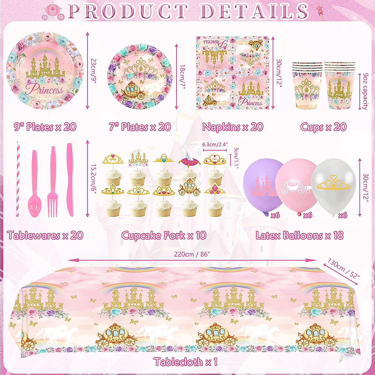 Princess Birthday Party Supplies, Includes Banner, Plates, Tulle, Napkins, Cake Toppers, Crowns, Wands, Balloons, Tablecloths, for Girls Princess's Themed Baby Shower Decorations, Serve 20 (Style A)