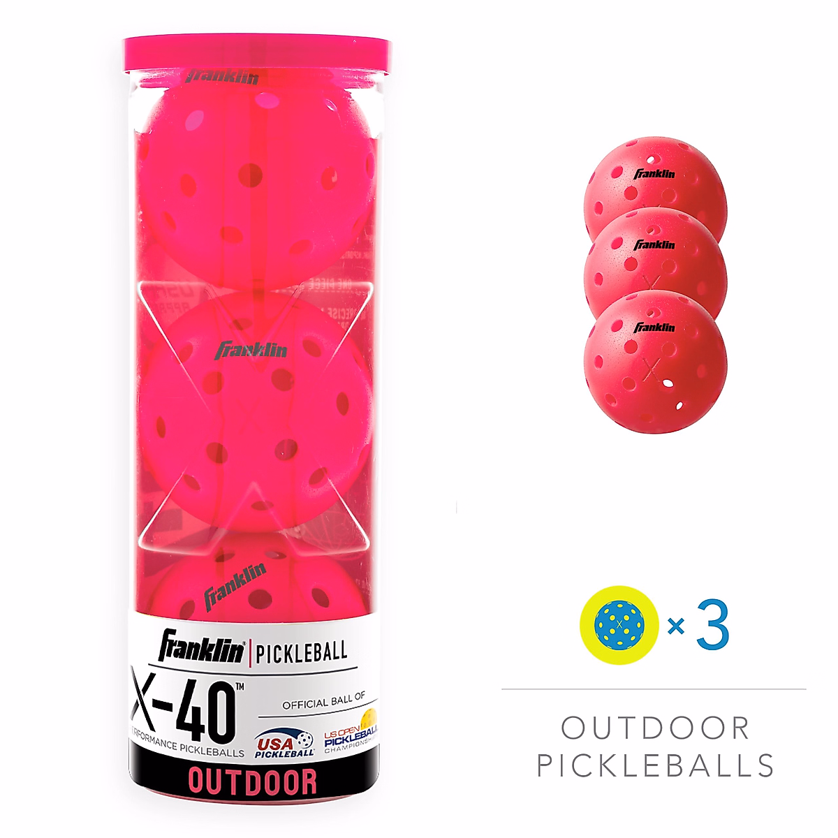 Franklin Sports X-40 Pickleballs - Outdoor 3 Pack USA PICKLEBALL APPROVED Pink Official Ball of US Open Pickleball Championships